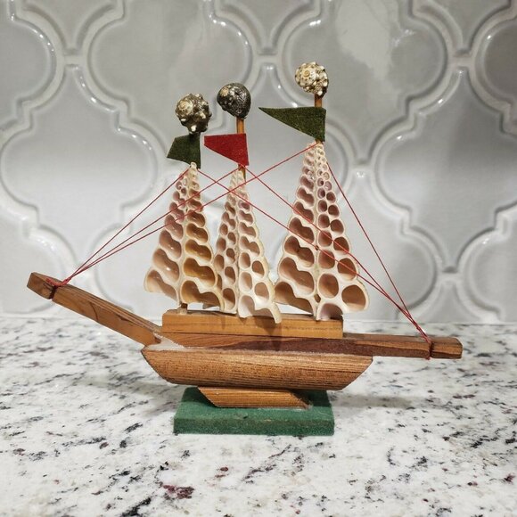Accents | Vintage Handmade Small Wooden Sea Shell Ship Sailboat | Poshmark